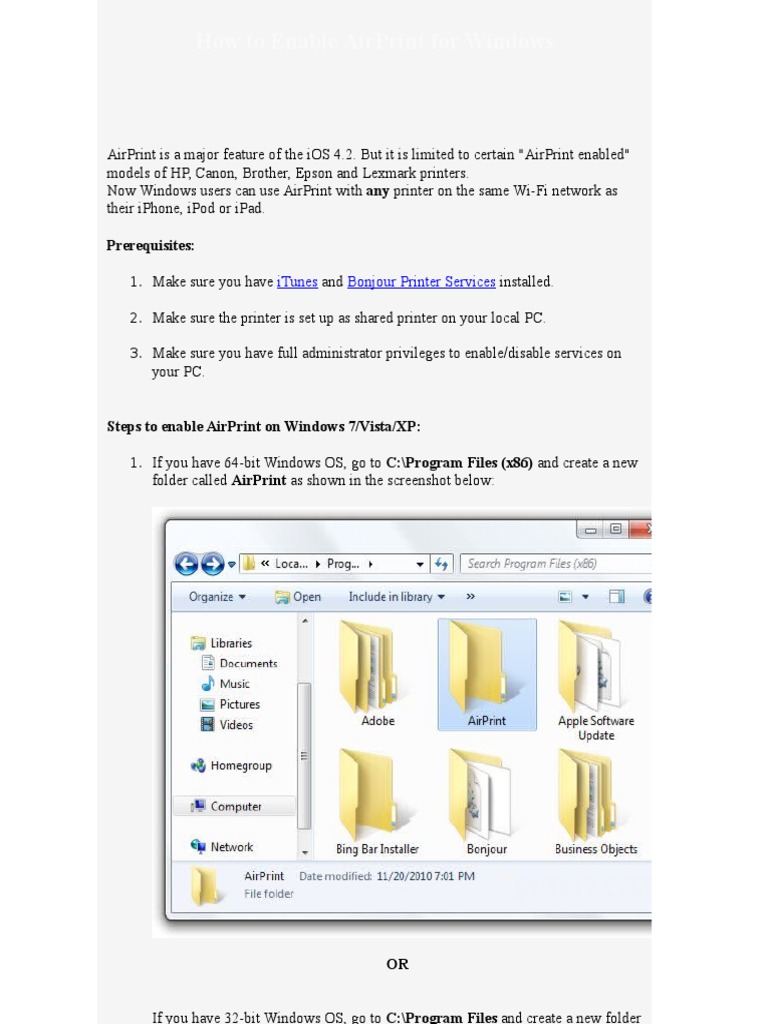 How To Enable AirPrint For Windows | PDF | Ios | Windows Vista