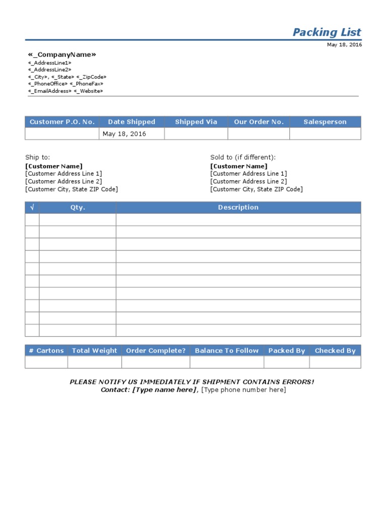 Packing List: - Companyname | PDF