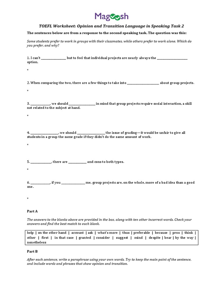 TOEFL Worksheet: Opinion and Transition Language in Speaking Task 2 | PDF