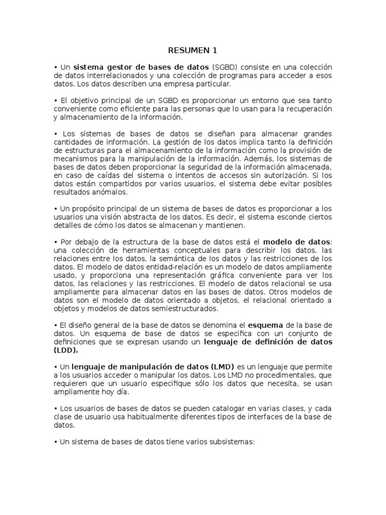 Resumen Base de Datos Capitulo 1 y 2 | PDF | Bases de datos | Sistema operativo