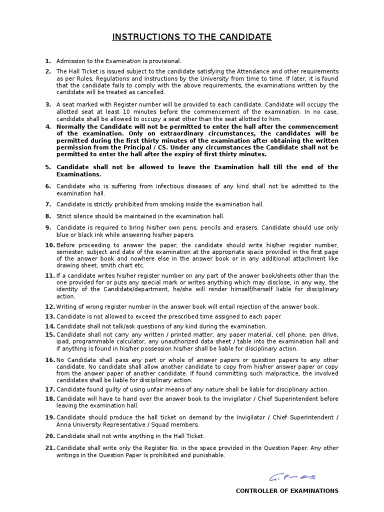 Instructions To The Candidate - Hall Ticket | PDF | Common Law | Virtue