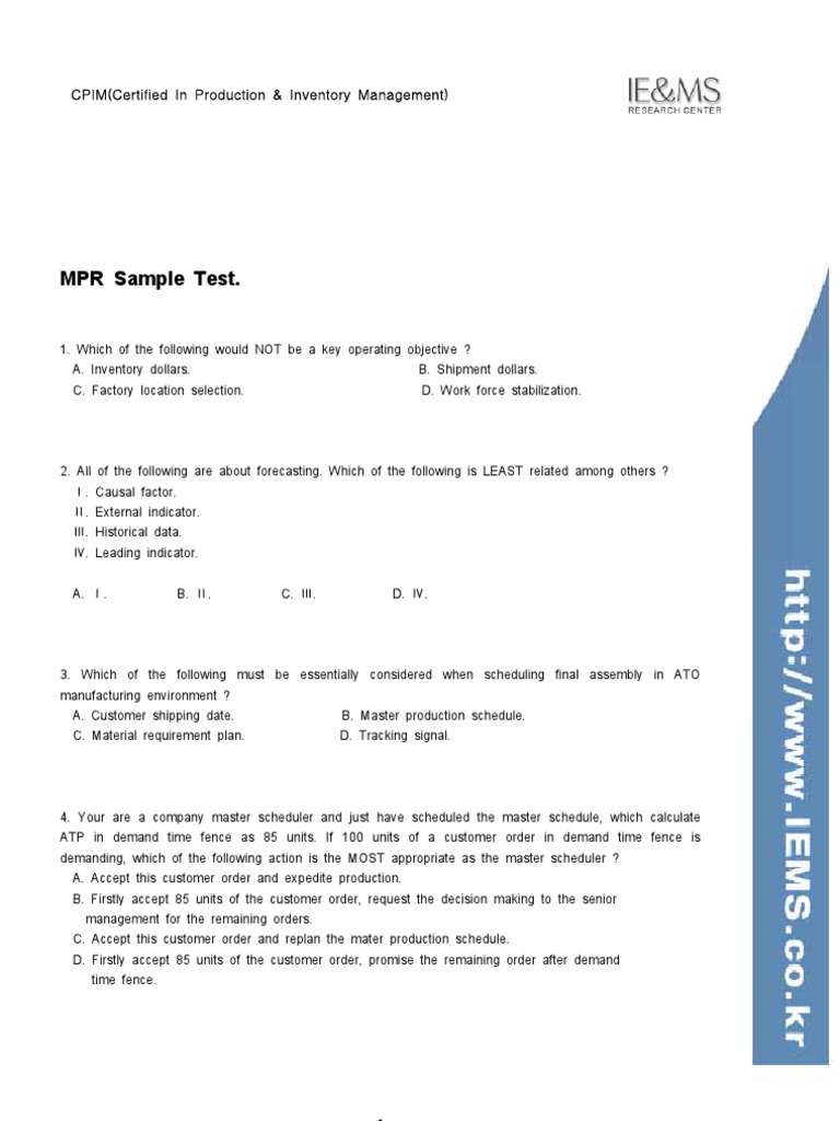 CPIM MPR Sample Test | PDF | Inventory | Forecasting