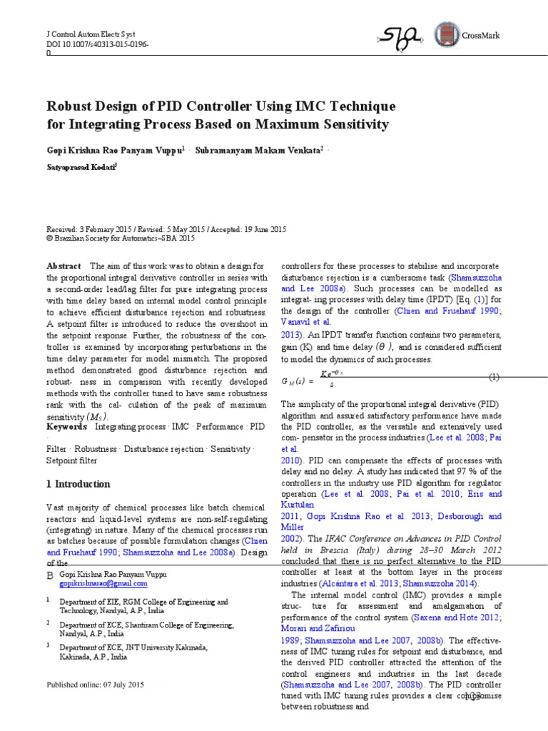 Journal On Robust Design Of Pid Controller Using Imc Technique For Integrating Process Based On 