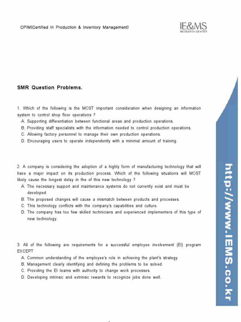 CPIM SMR Sample Test | Inventory | Reliability Engineering