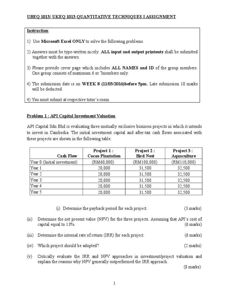 4.QT1 ASGMT 2016.01 Final | PDF | Internal Rate Of Return | Linear Programming