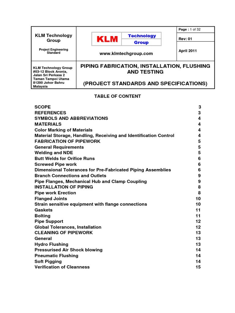 PROJECT STANDARDS and SPECIFICATIONS Piping Frabrication and ...