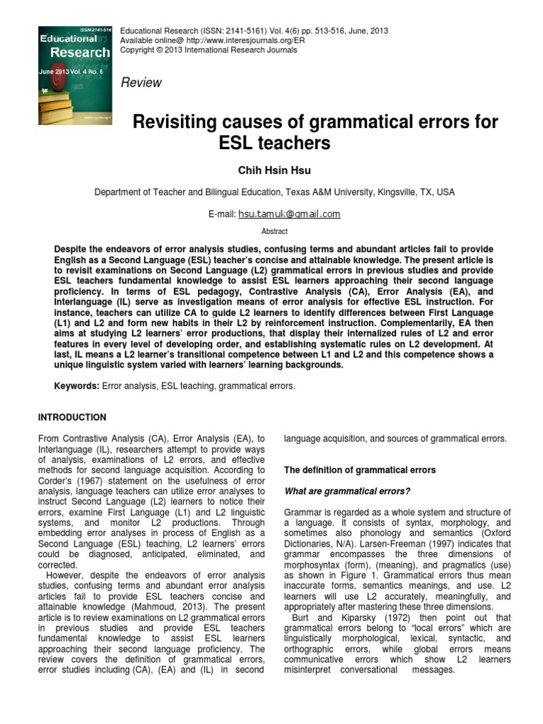 Revisiting Causes of Grammatical Errors For Esl Teachers | Download Free PDF | Second Language ...