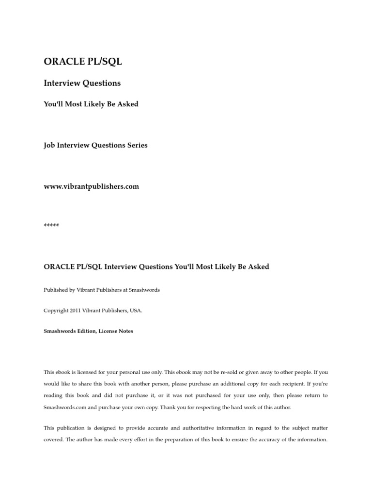 ORACLE PLSQL Interview Questions You'Ll Most Likely Be Asked by Vibrant Publishers | PDF | Sql ...