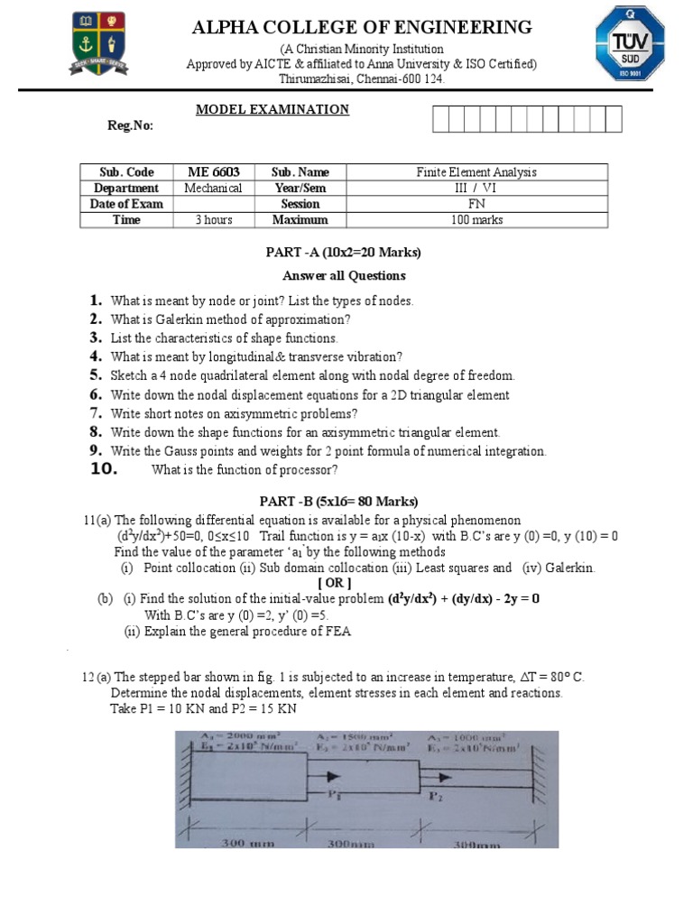 Question Paper-1 - FEA Model Exam | PDF | Linear Elasticity | Finite ...