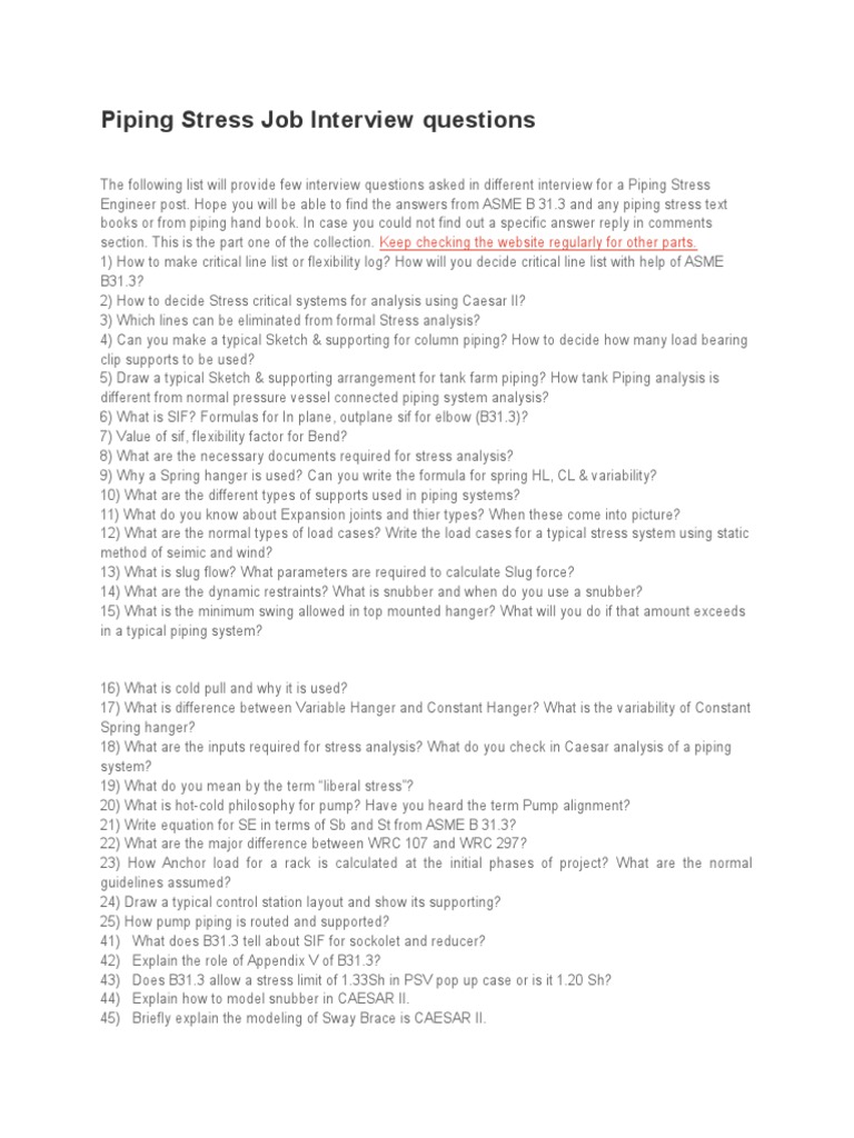 Piping Stress Job Interview Questions | PDF | Pipe (Fluid Conveyance ...