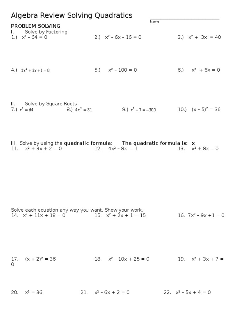 Solving Quadratics Classwork 4-1 | PDF