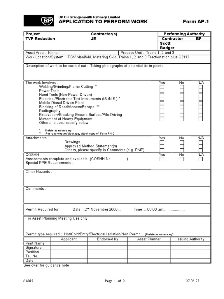Application To Perform Work Form AP-1 | PDF | Science | Engineering