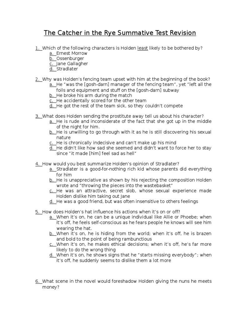 Catcher in the Rye Test Revision Guide | PDF