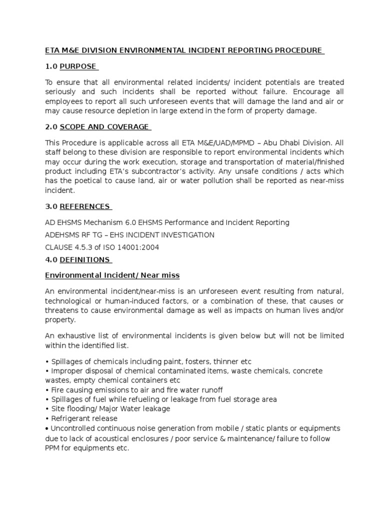 Environmental Incident Reporting Procedure | PDF | Cost | Waste Management