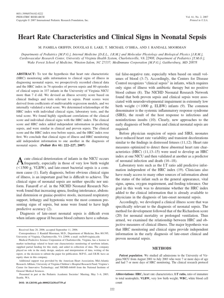 Heart Rate Characteristics and Clinical Signs in Neonatal Sepsis | PDF ...