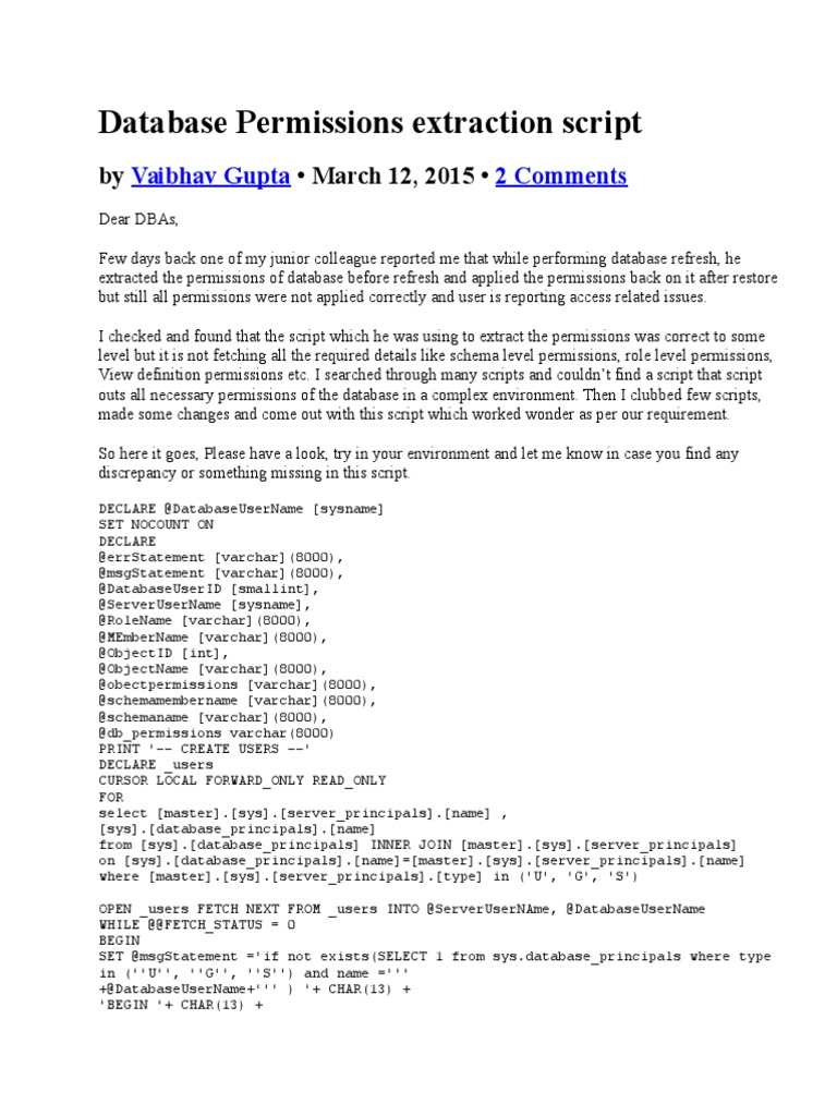 Database Permissions Extraction Script | PDF | Database Schema | Databases Database Permissions Extraction Script | PDF | Database Schema | Databases