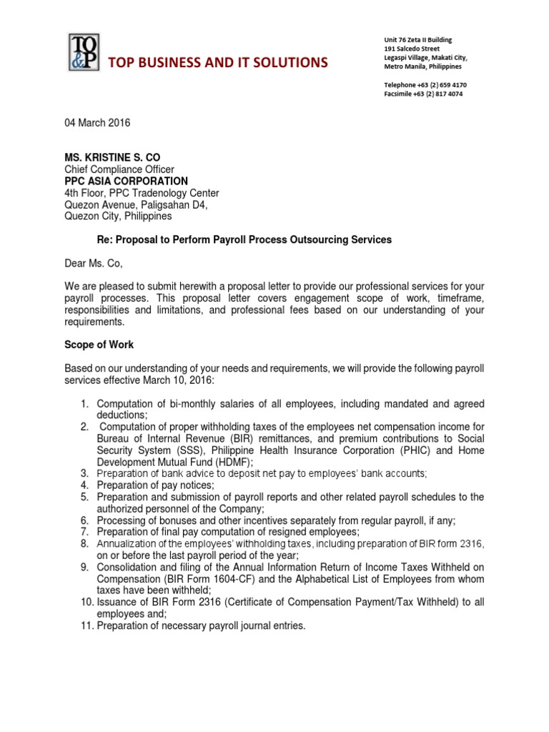 Payroll Engagement Proposal (PPC Asia Corporation) | PDF | Payroll ...