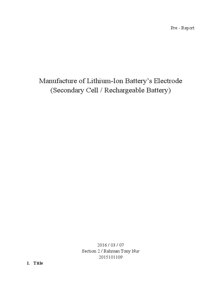 Manufacture of Lithium-Ion Battery Electrode (Pre Report) | PDF ...