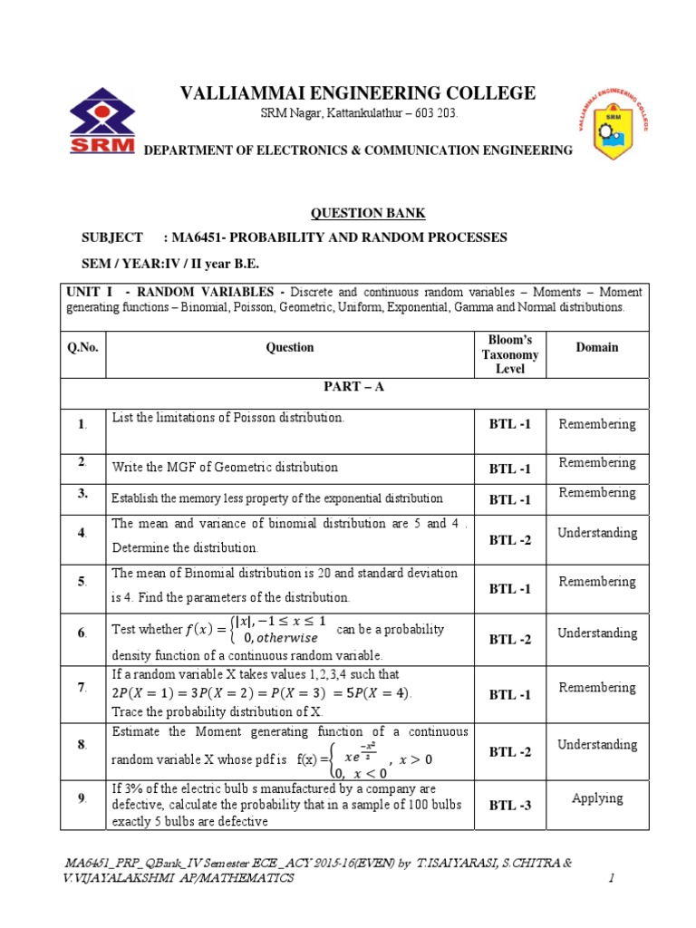 MA6451-Probability and Random Processes | PDF | Autocorrelation | Probability Density Function