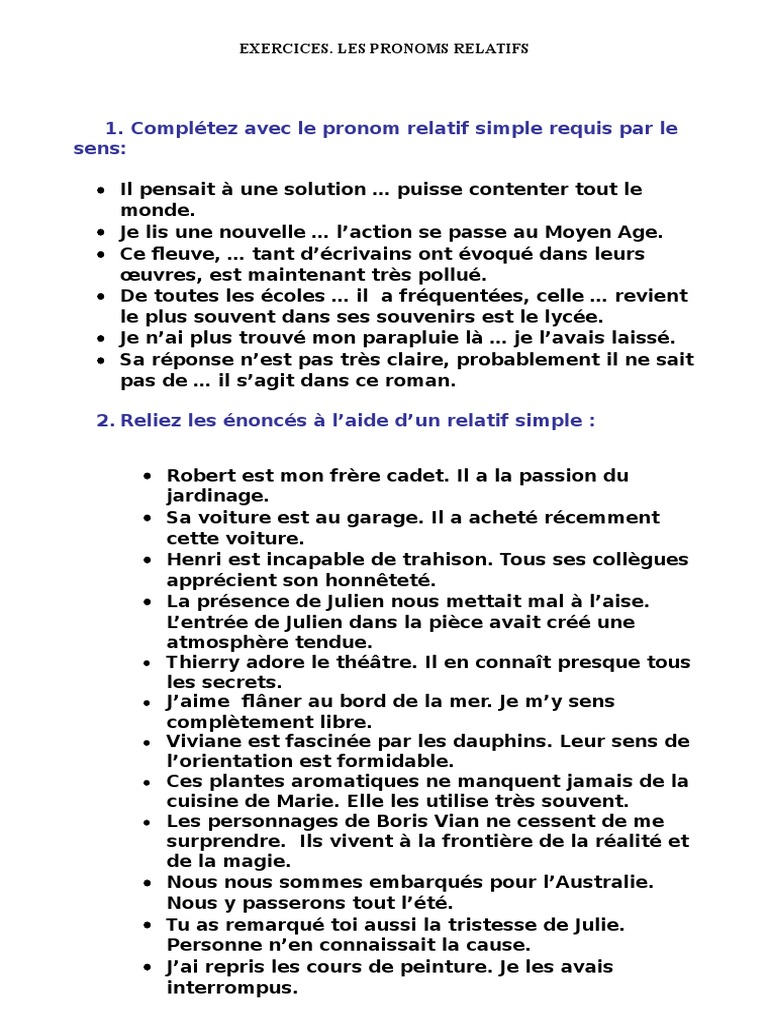 Exercices sur les pronoms relatifs | PDF | Loisirs