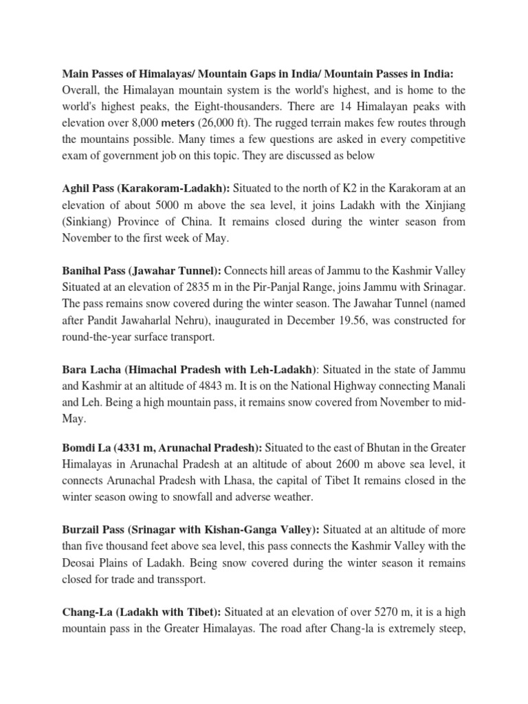 Mountain Passes in India - Geography | PDF | Himalayas | Geomorphology