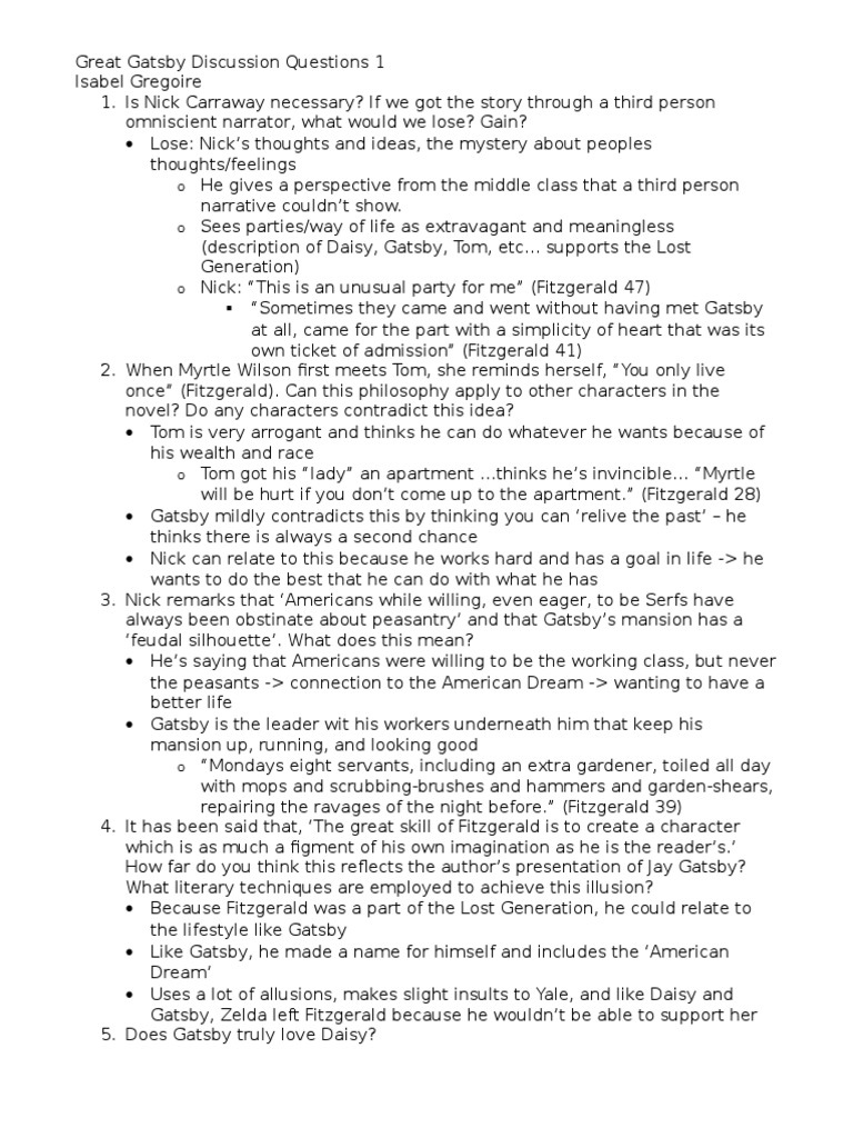 Great Gatsby Discussion Questions Guide | PDF | The Great Gatsby ...