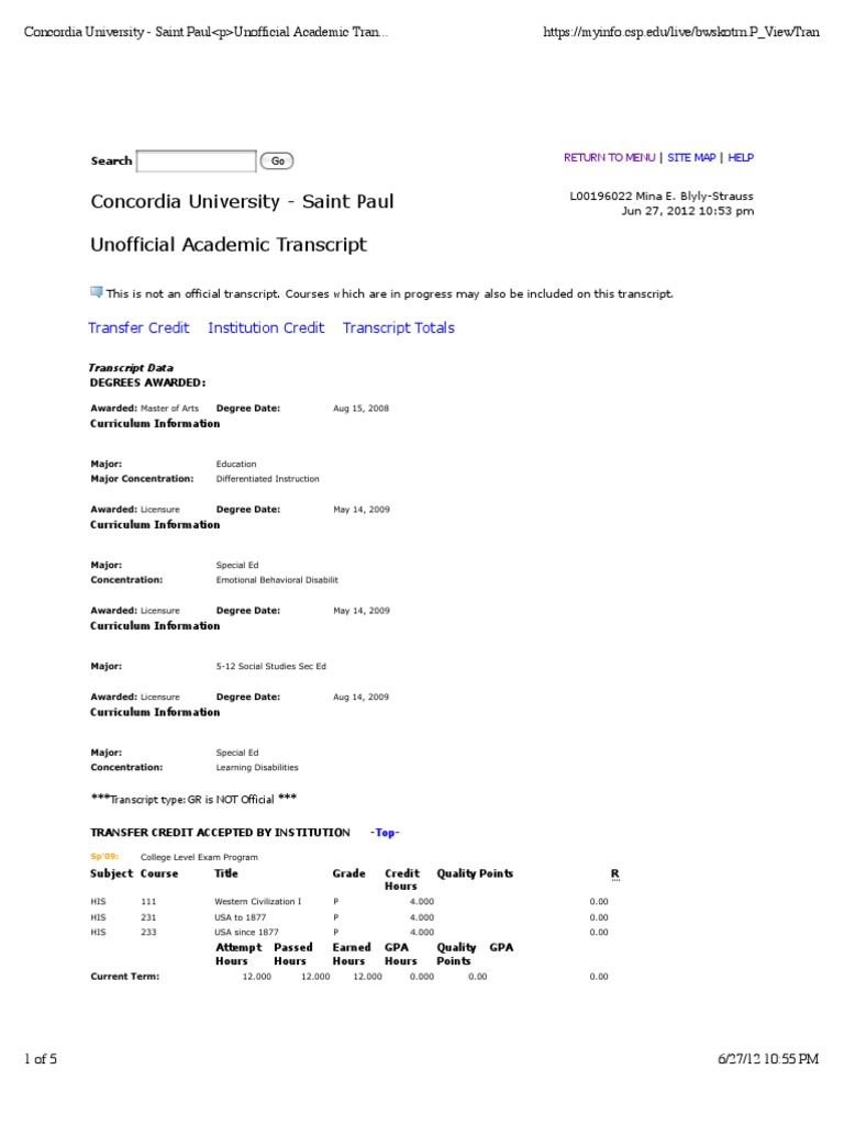 Concordia University - Saint Paul Unofficial Academic Transcript | PDF ...