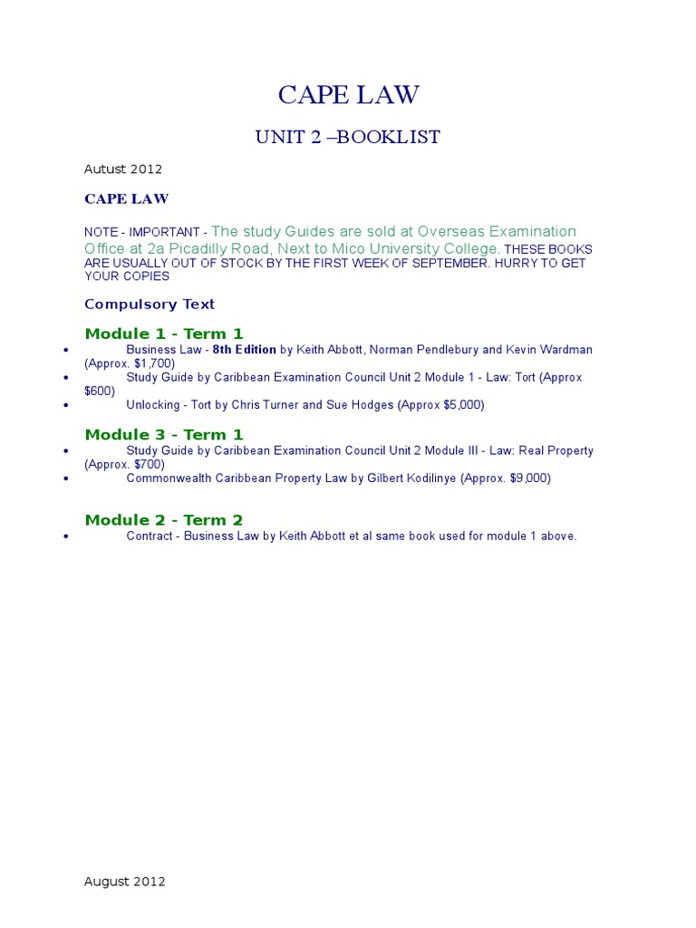 Cape Law - Booklist Unit 2 | PDF