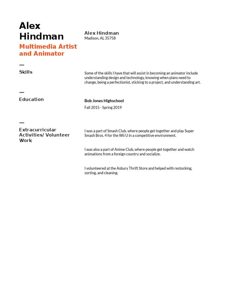 Alex Hindman: Animator Profile | PDF