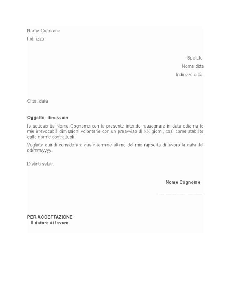 Lettera Dimissioni Con Preavviso | PDF