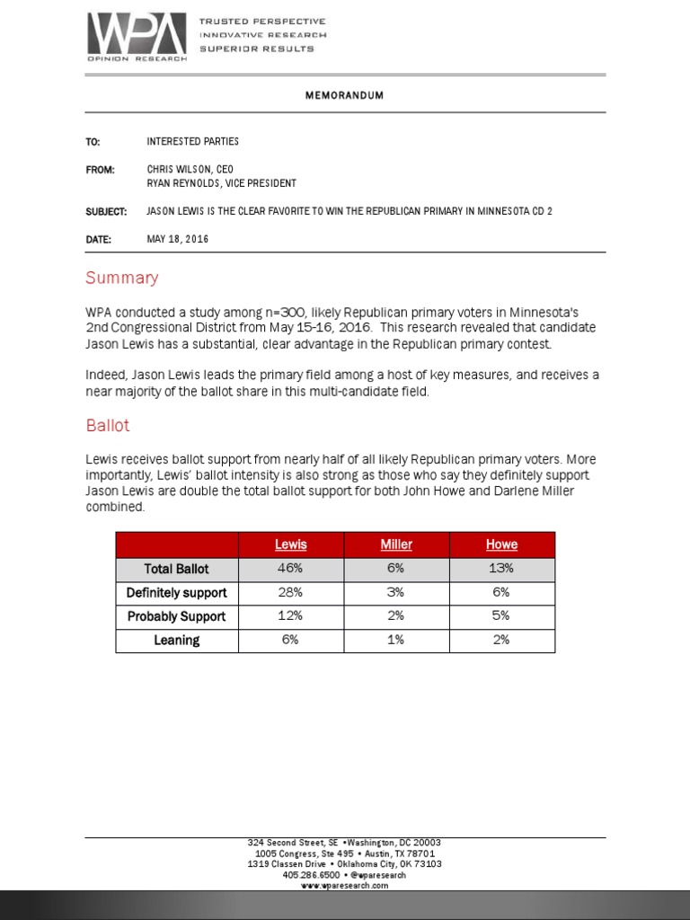 Jason Lewis MN02 Survey Memo | PDF | Republican Party (United States ...