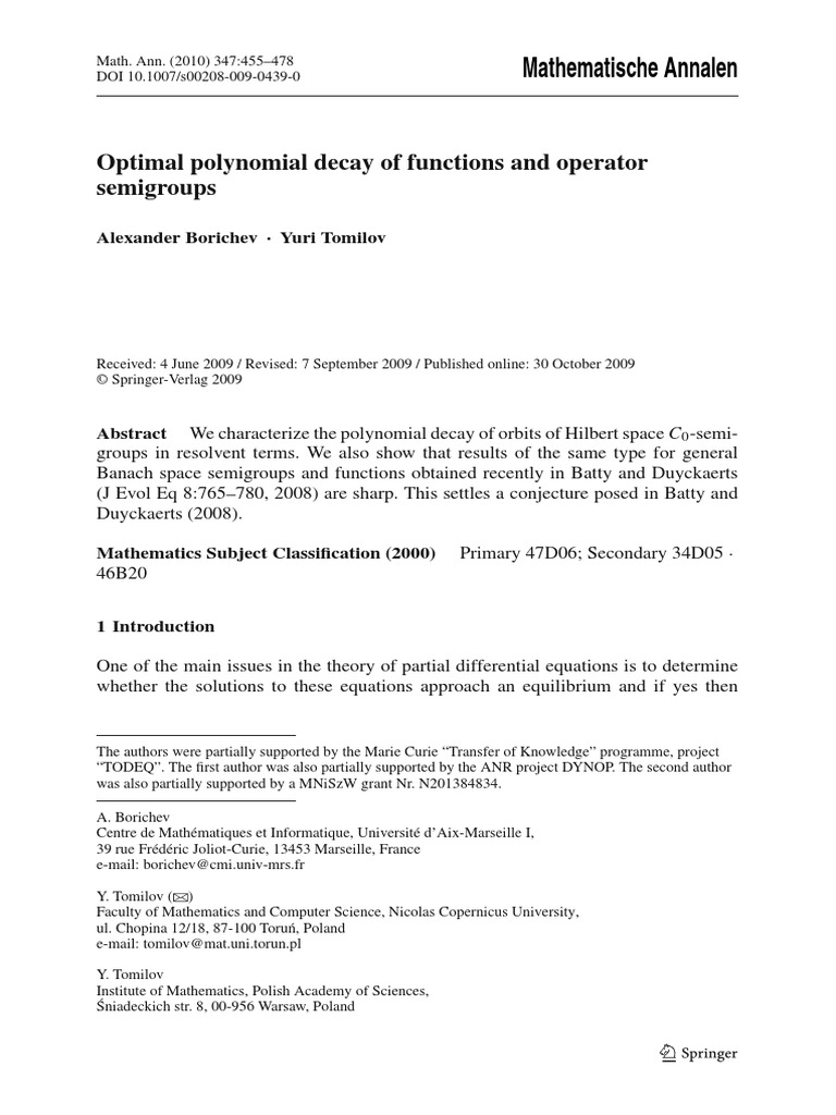(Borichev An Tomilov) Optimal Polynomial Decay of Functions and Operator | PDF | Hilbert Space ...