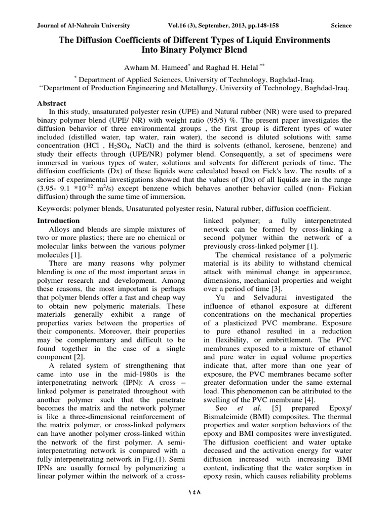 The Diffusion Coefficients of Different Types of Liquid Environments ...