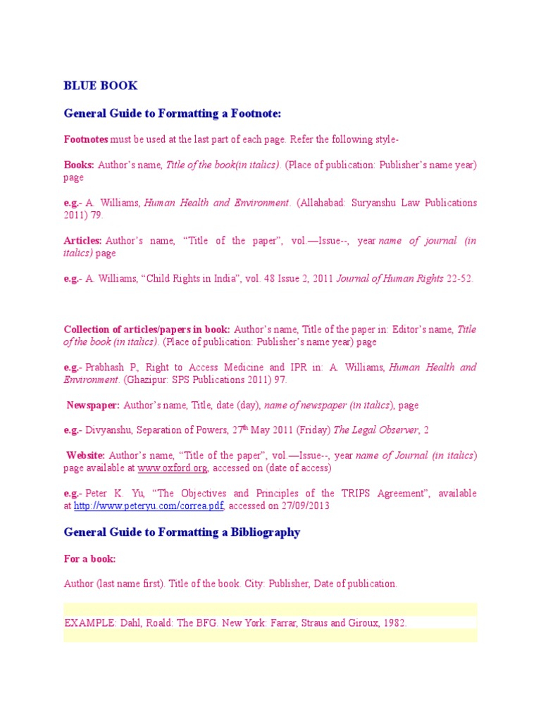 Blue Book General Guide To Formatting A Footnote:: Italics) Page | PDF