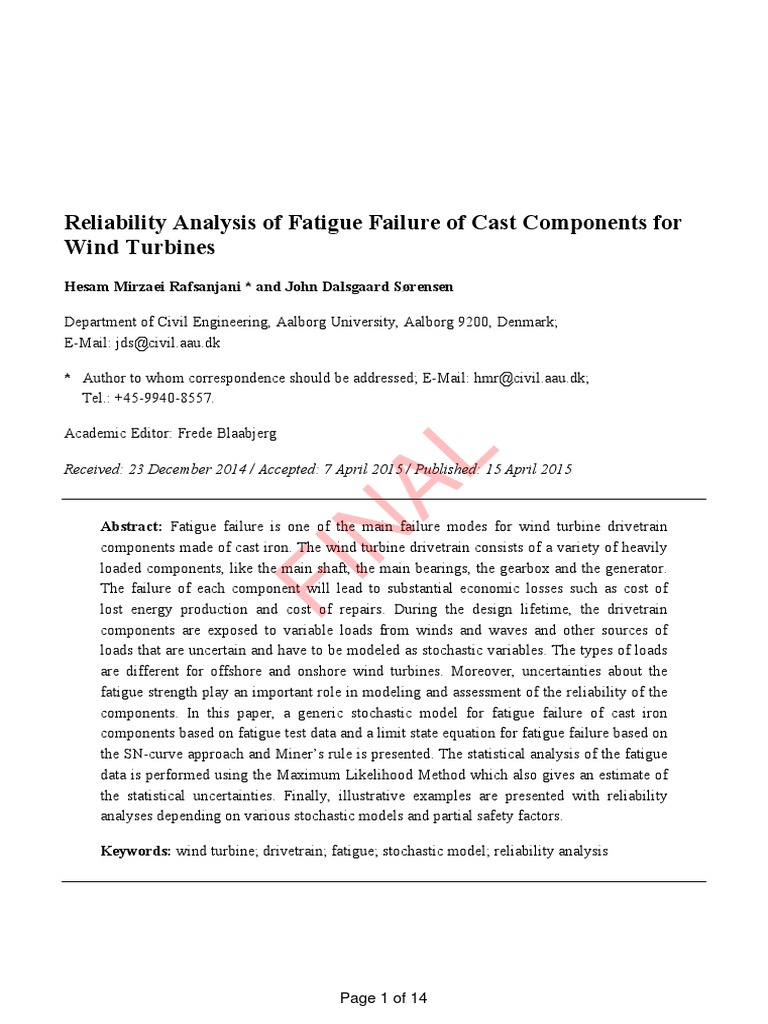 Final: Reliability Analysis of Fatigue Failure of Cast Components For Wind Turbines | PDF ...