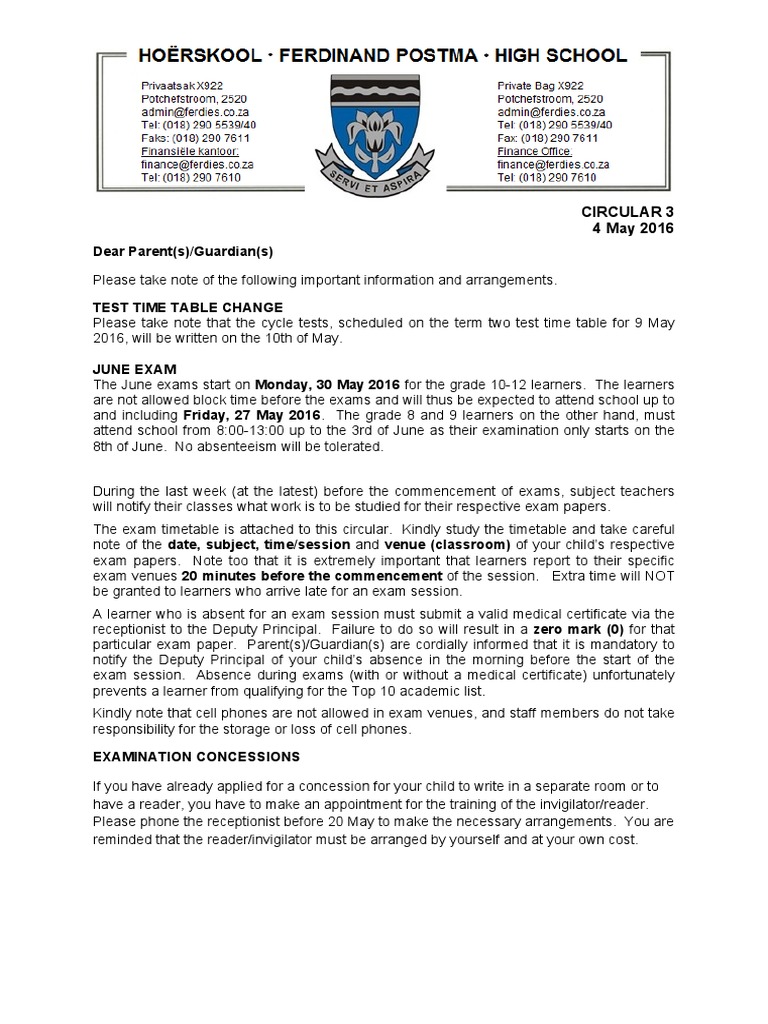 Ferdinand Postma High School Communication Letter 3/2016 | Test ...