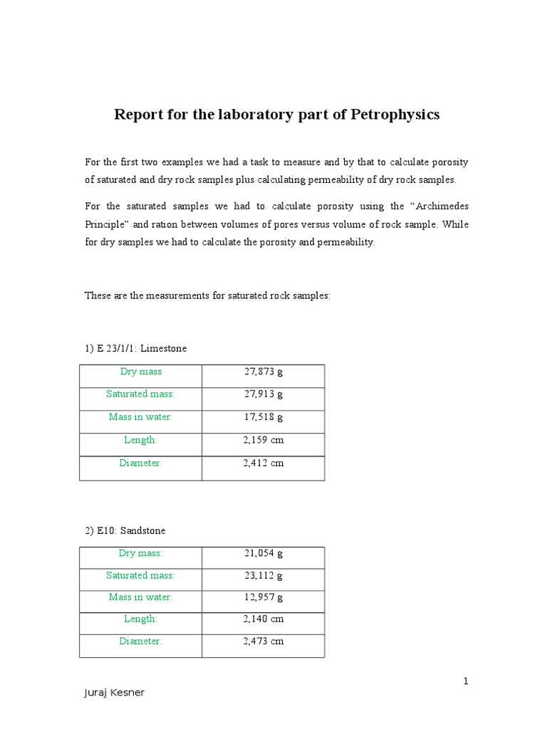 Laboratory Report of Petrophysics Juraj Kesner | PDF | Porosity | Density