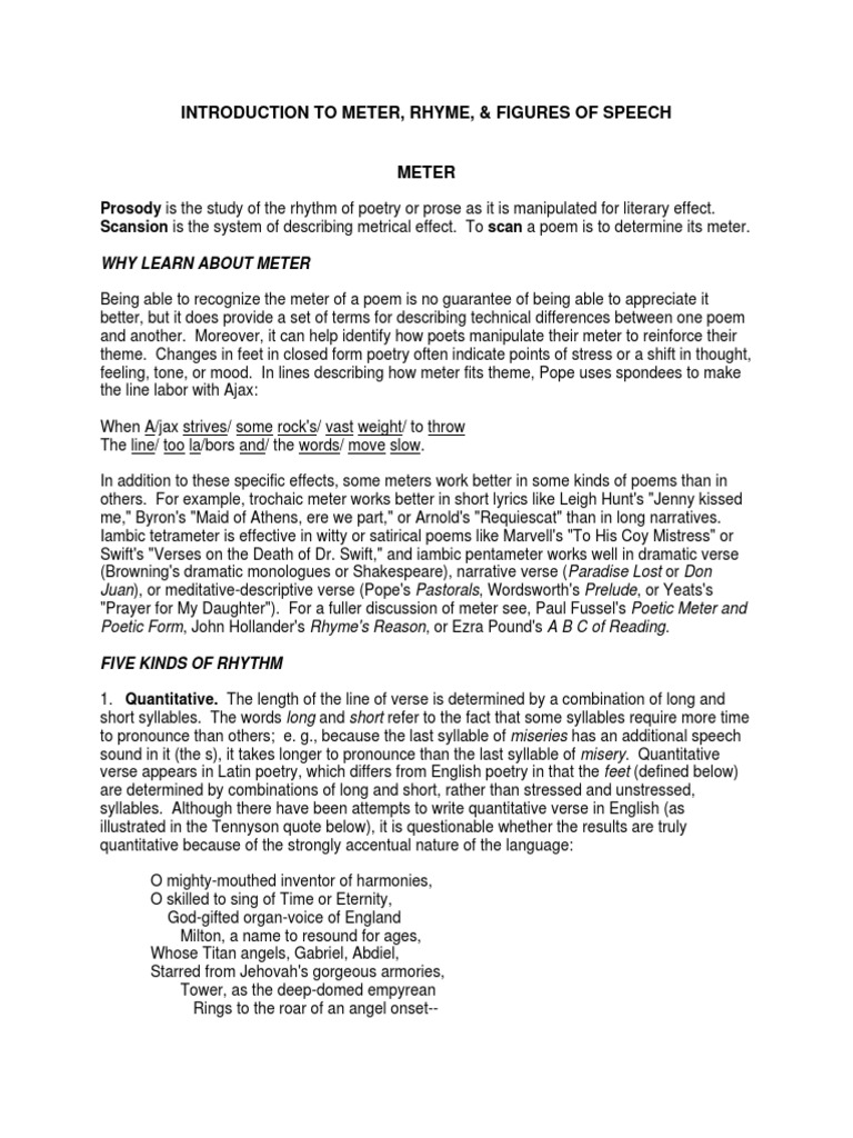 Introduction To Meter, Rhyme, & Figures of Speech | PDF | Metre (Poetry ...