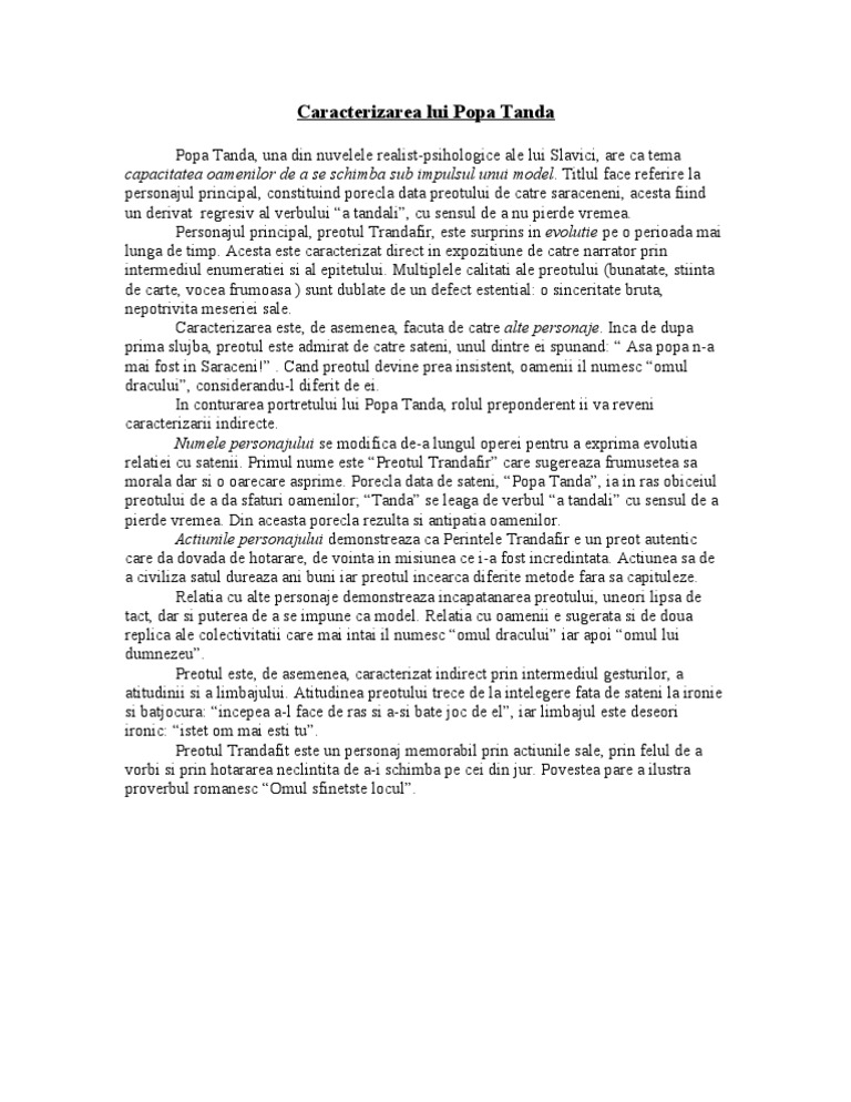 Caracterizarea Lui Popa Tanda | PDF