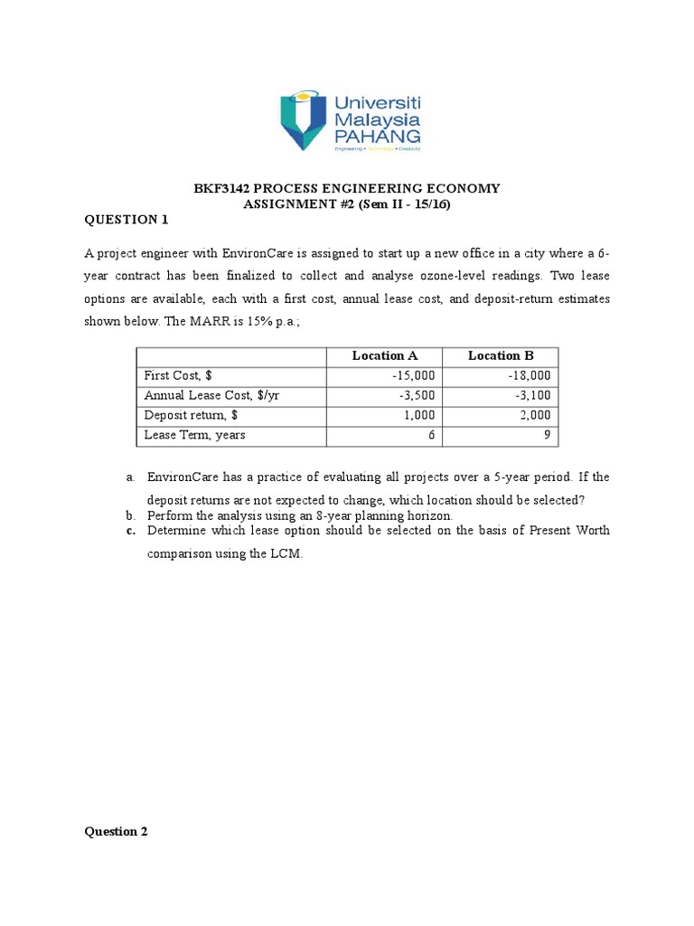 Process Engineering Economy Assignment | PDF