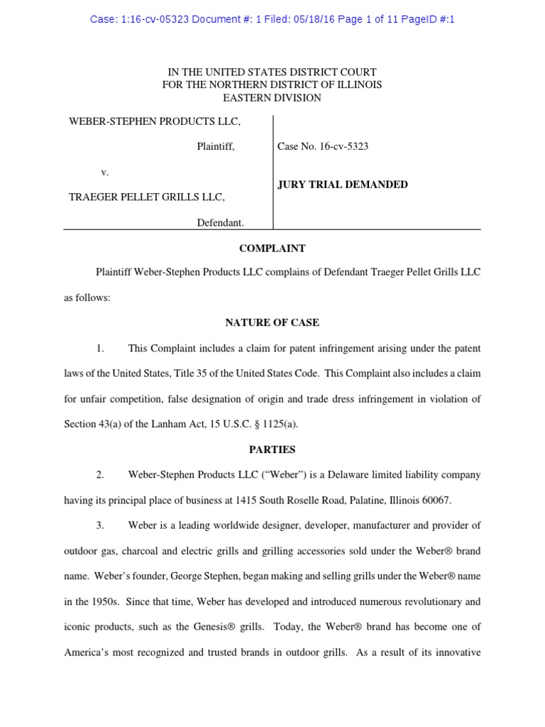 Weber v. Traeger - Complaint | PDF | Patent Infringement | Injunction
