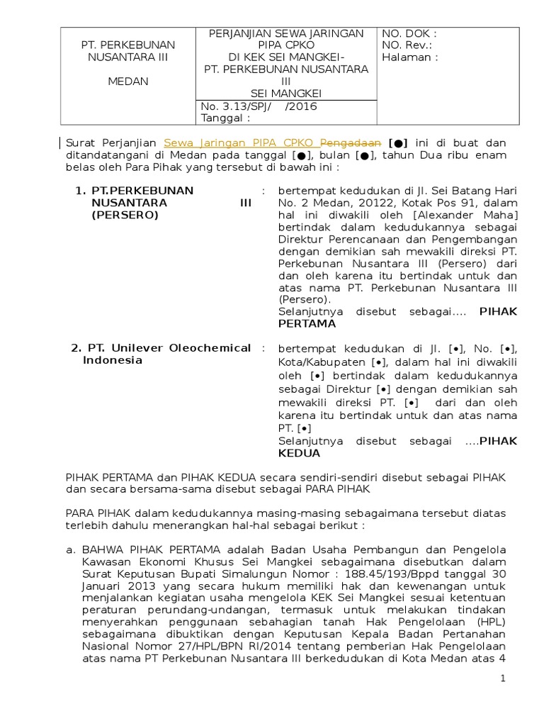 Draft Surat Perjanjian Sewa Jaringan Pipa CPKO (PT UOI) - Rev1april2016 | PDF | Pengelolaan ...