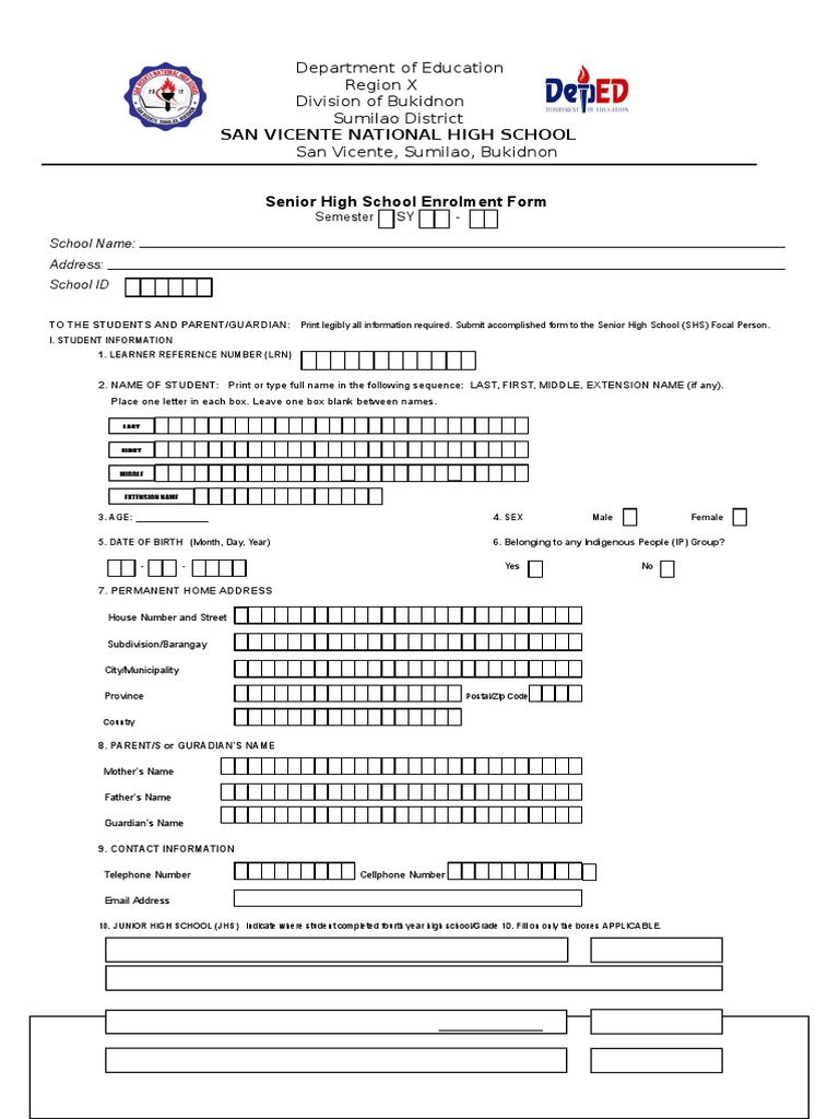 SHS Enrolment Form | Secondary School | Schools