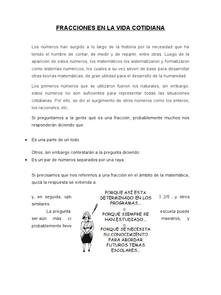 Las Fracciones En La Vida Cotidiana Pdf Fracción Matemáticas