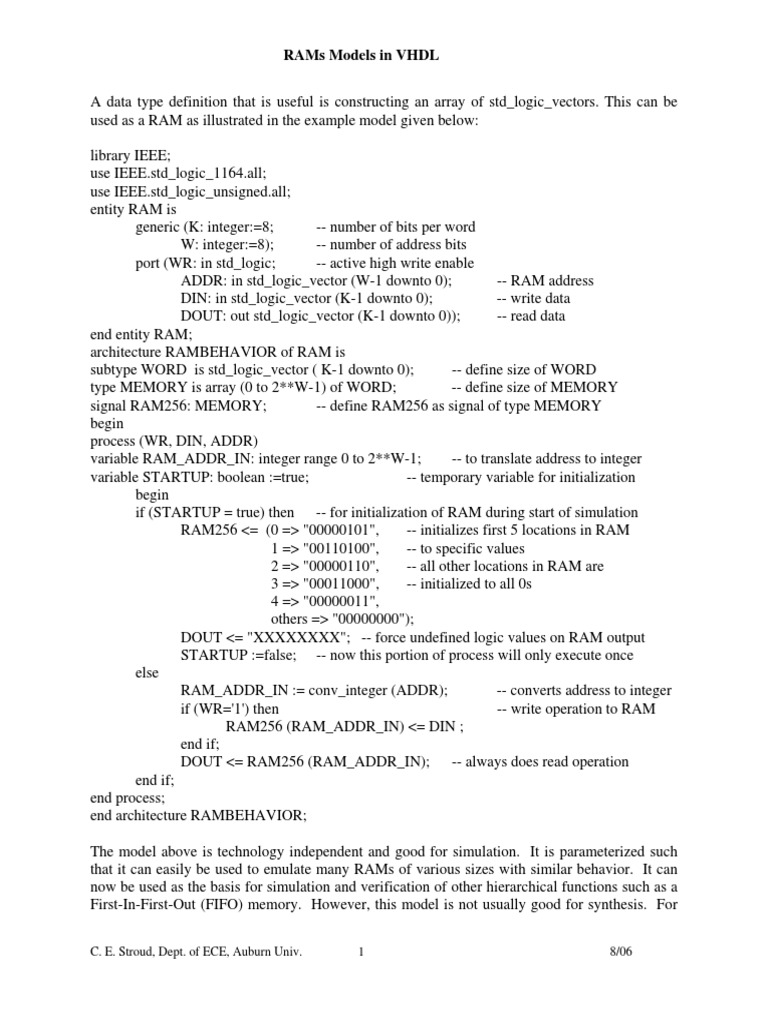 Rams Models in VHDL: C. E. Stroud, Dept. of Ece, Auburn Univ. 1 8/06 ...