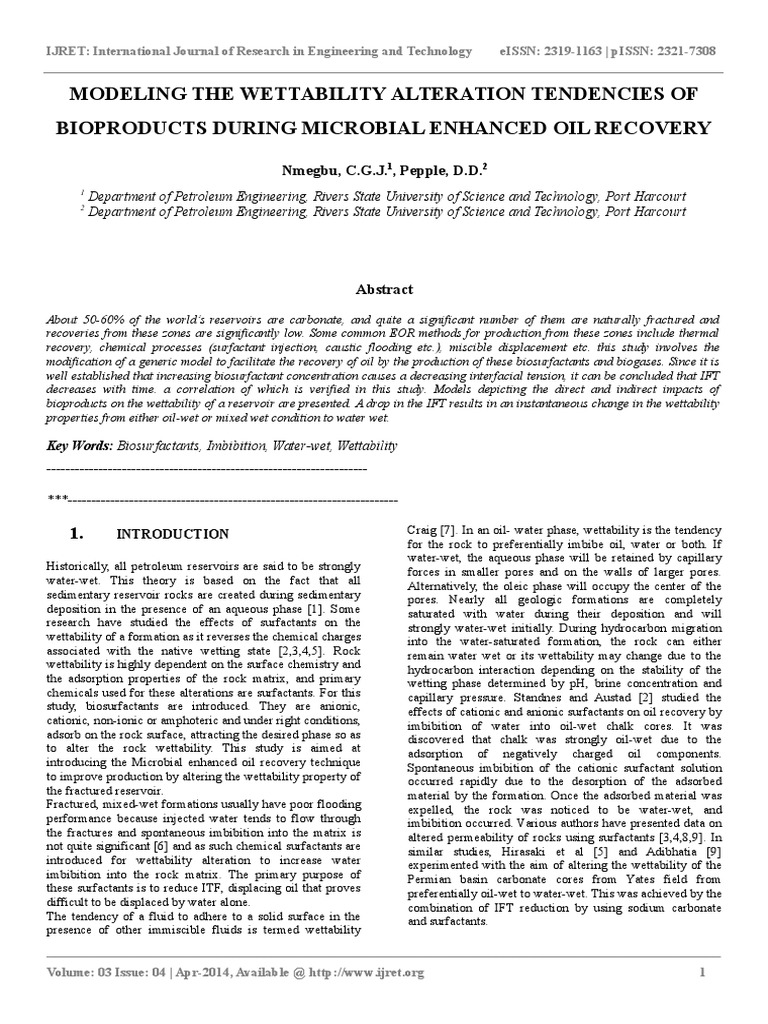 Modeling The Wettability Alteration Tendencies of Bioproducts During ...