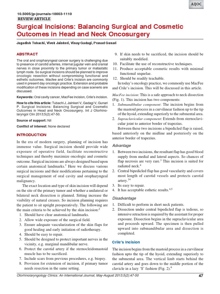 Surgical Incisions Balancing Surgical and Cosmetic Outcomes in Head and ...