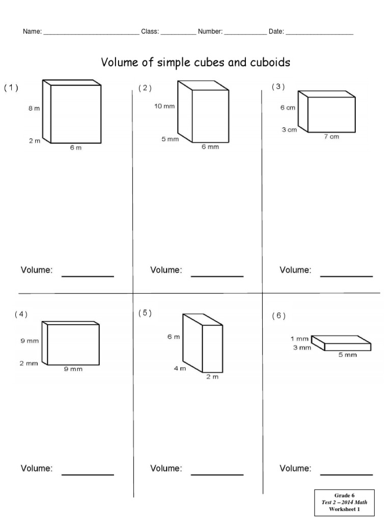 Grade 6 Math Worksheet on Volume of Cubes and Cuboids | PDF | Volume ...