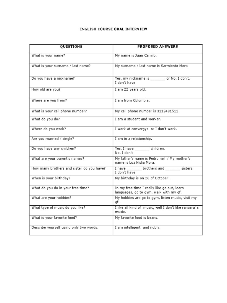 English Course Oral Interview Guide | PDF