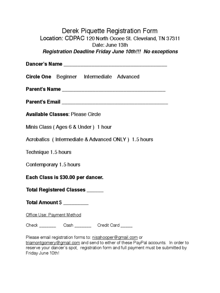 Derek Piquette Dance Registration Form | PDF | Cooking, Food & Wine ...